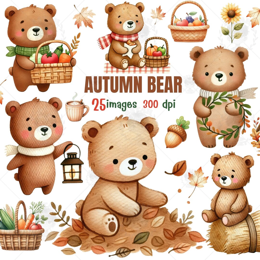 Autumn Bear Watercolor Clipart, Fall Clipart, Woodland Animal, Happy ...