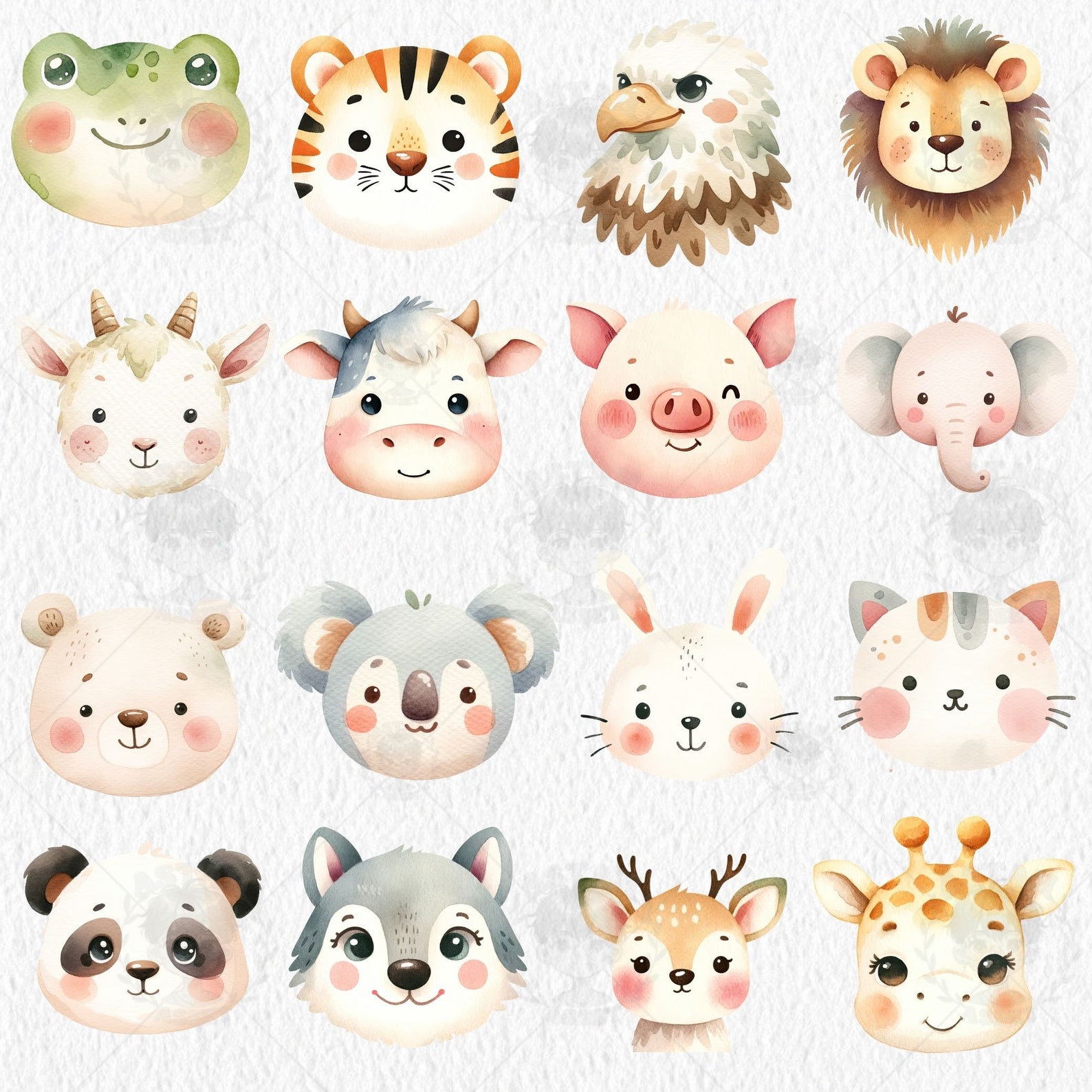 Animals Face Clipart, Watercolor Clipart, Woodland Clipart, Animal Baby ...