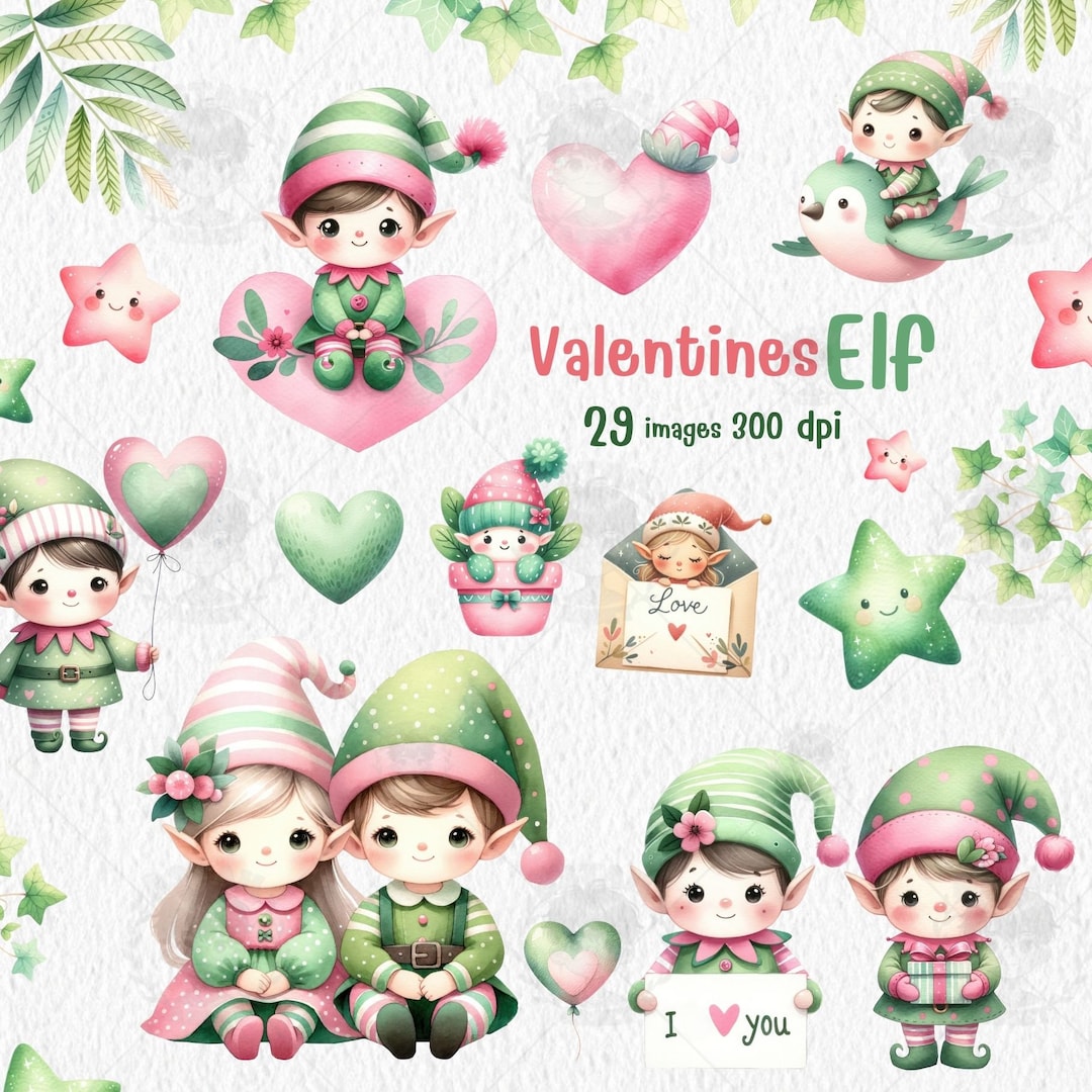 Valentines Elf Watercolor Clip Art, Couple Elf in Love , Png ...