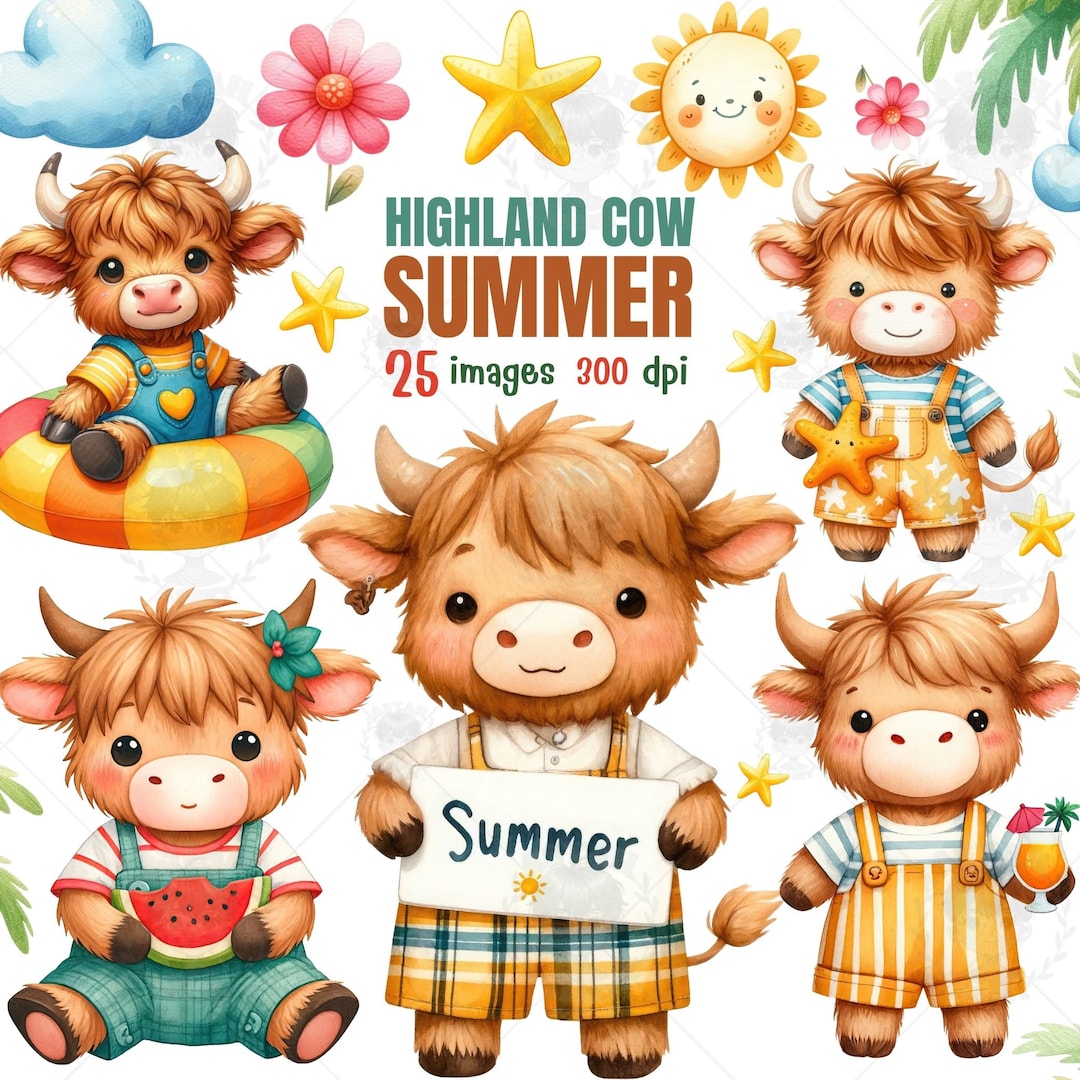 Highland Cow Summer Png, Sumer Watercolor Clipart, Highland Cow Png ...