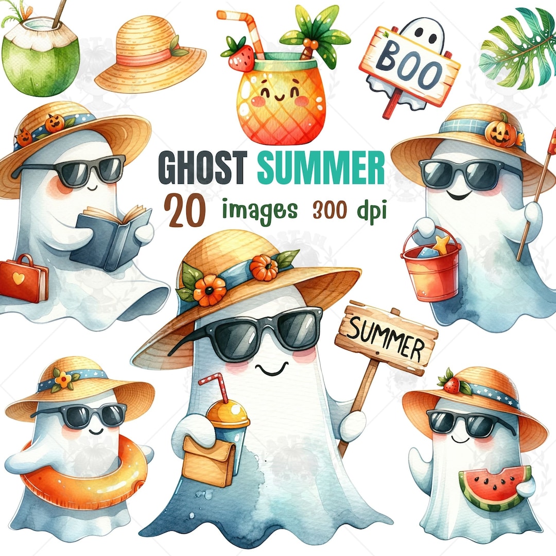 Ghost Summer Watercolor Clipart, Halloween Clipart, Cute Ghost Clipart ...