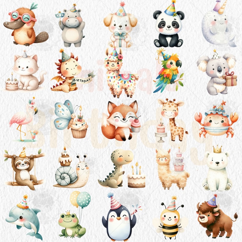 Watercolor Animals Birthday Clipart: Party PNG Set (digital Download ...