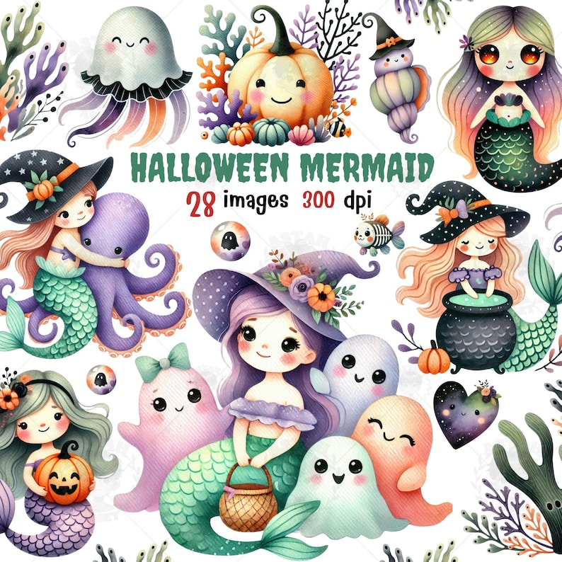 Halloween Mermaid Clipart, Halloween Watercolor Clipart,under the Sea ...