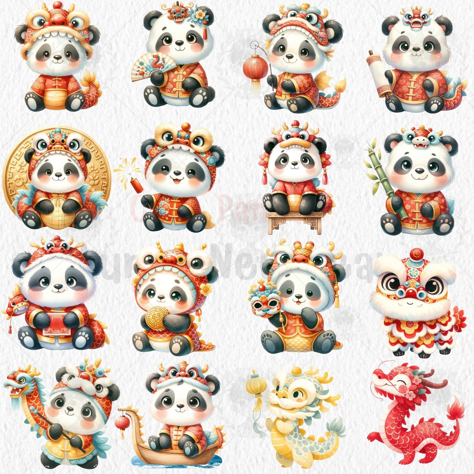 Cute Panda Lunar New Year Water Color Clipart ,2024 , Chinese New Year ...