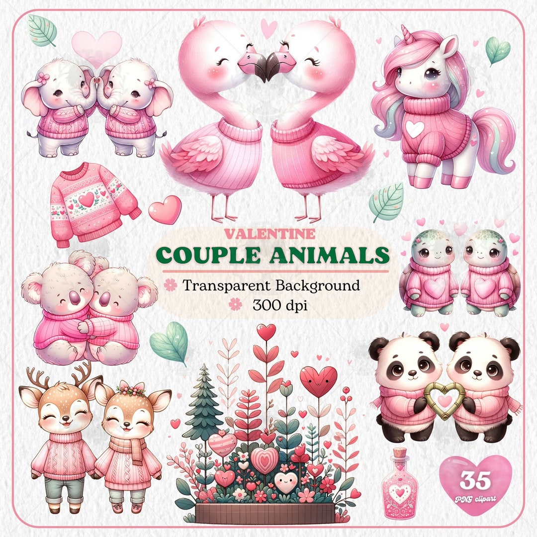 Watercolor Valentine Animals Couple, Romantic Animal Clipart, Romantic ...