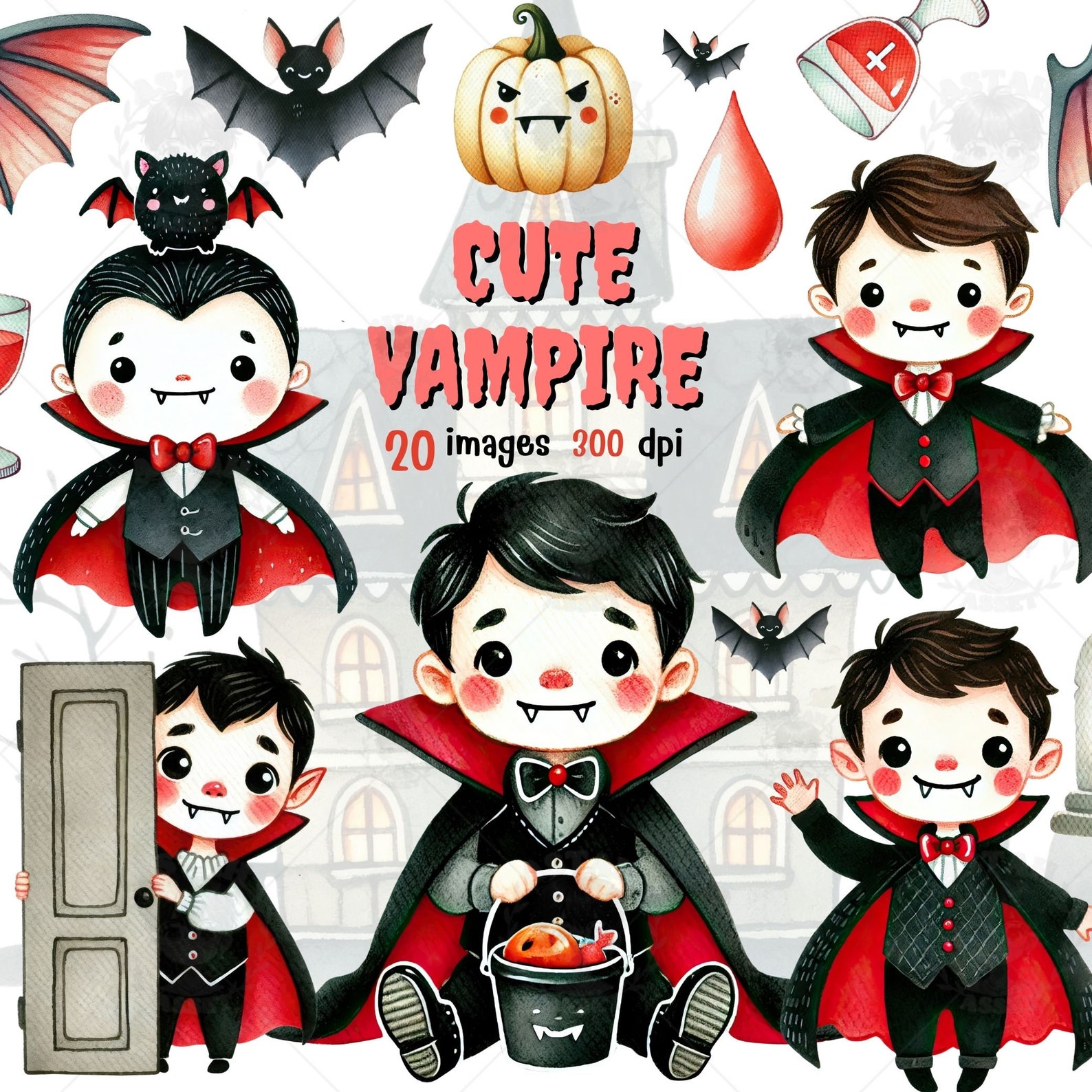 Vampire Watercolor Clipart, Halloween PNG, Spooky Clipart, Cute ...