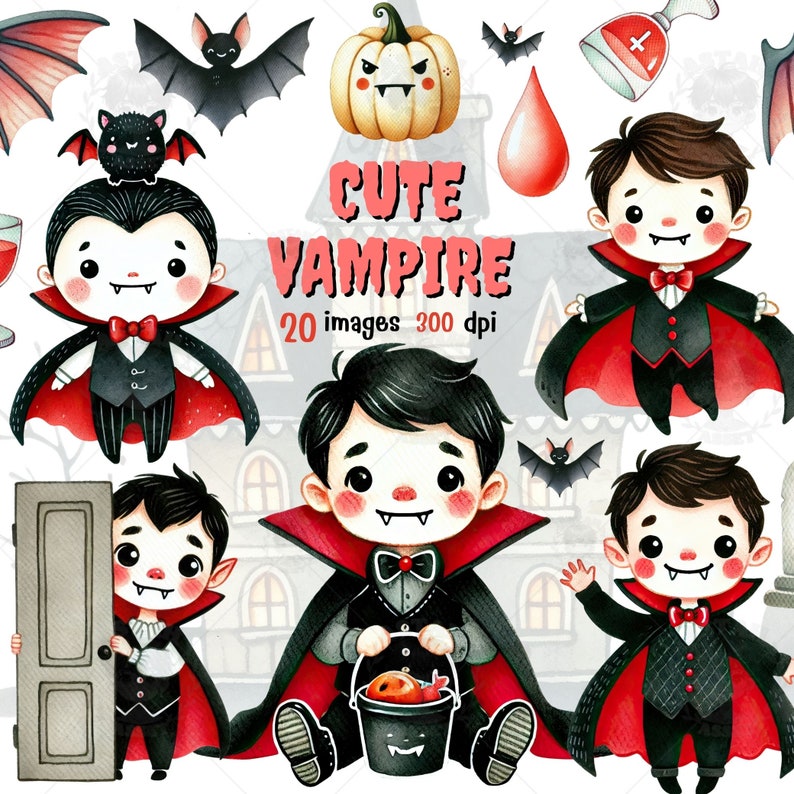 Vampire Watercolor Clipart, Halloween PNG, Spooky Clipart, Cute ...