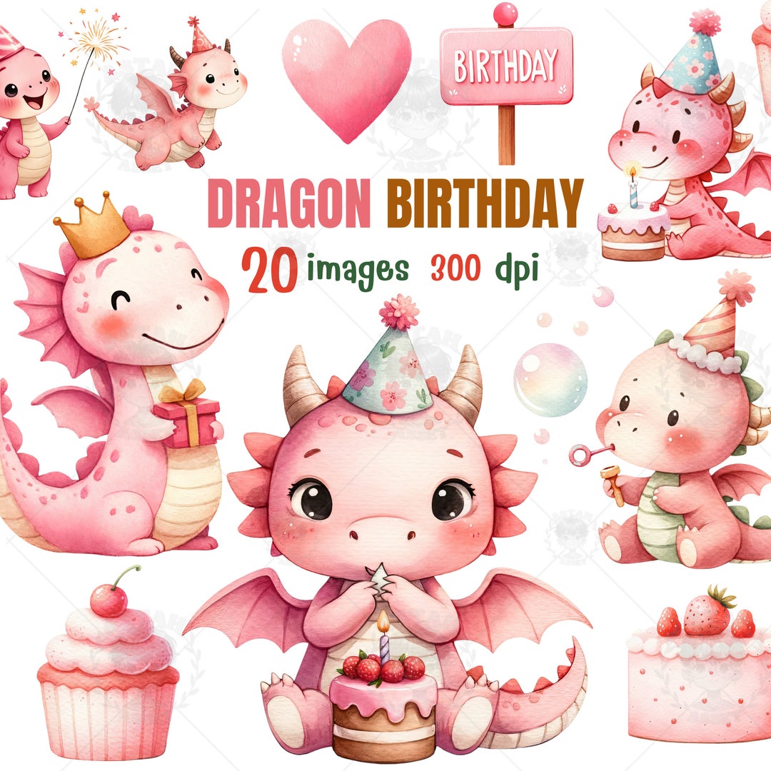 Pink Dragon Birthday Watercolor Clipart: Party Invitation Graphics ...