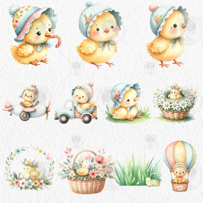 Baby Chick Watercolor Clipart, Easter Egg Clipart, Cute Spring Clipart ...