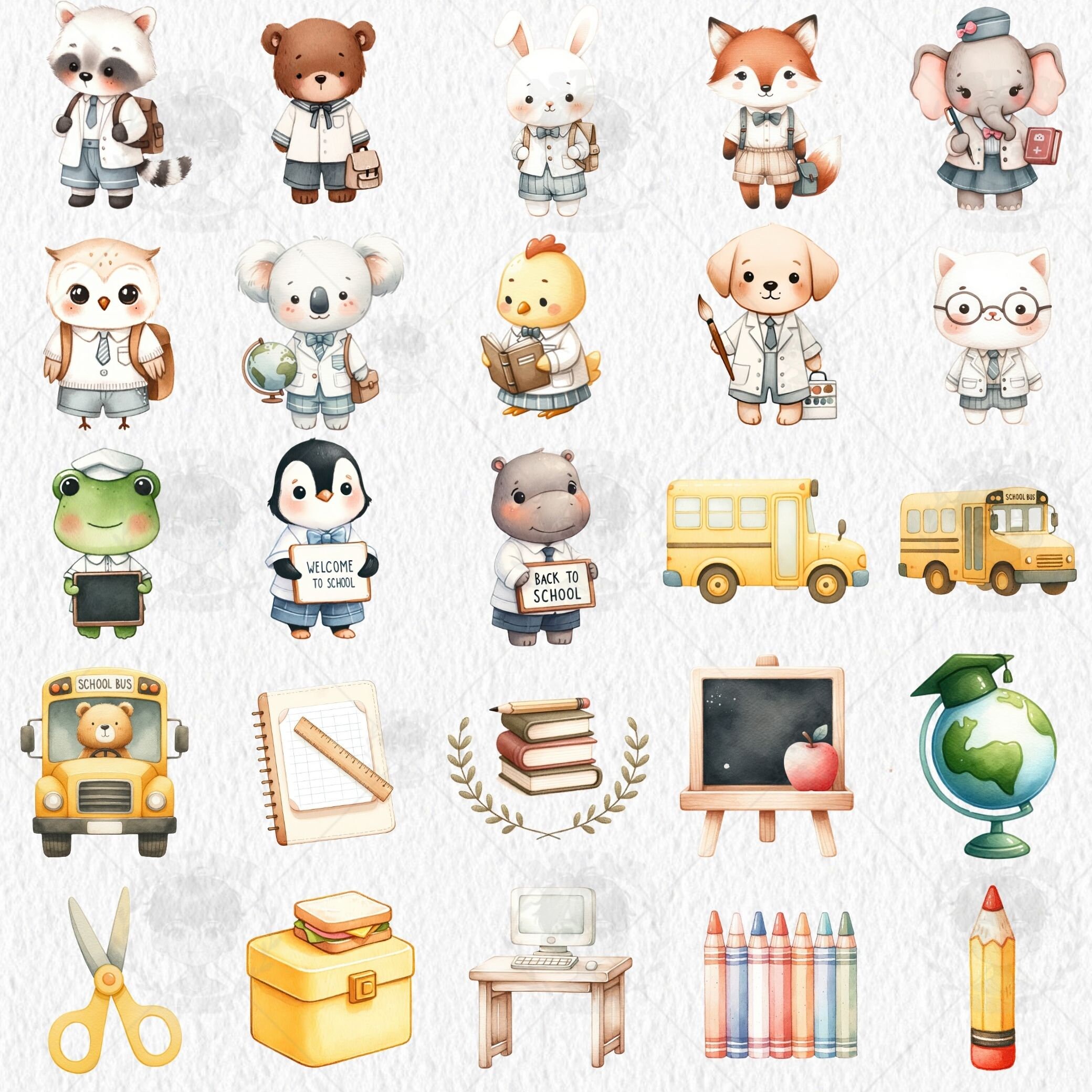 Back to School Watercolor Clipart, School Clipart, Cute Animals Clipart ...