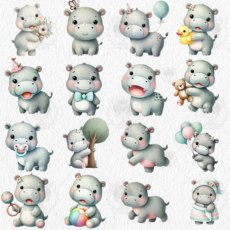 Cute Baby Hippo Watercolor Clipart, Baby Shower Clipart, Baby Animals ...