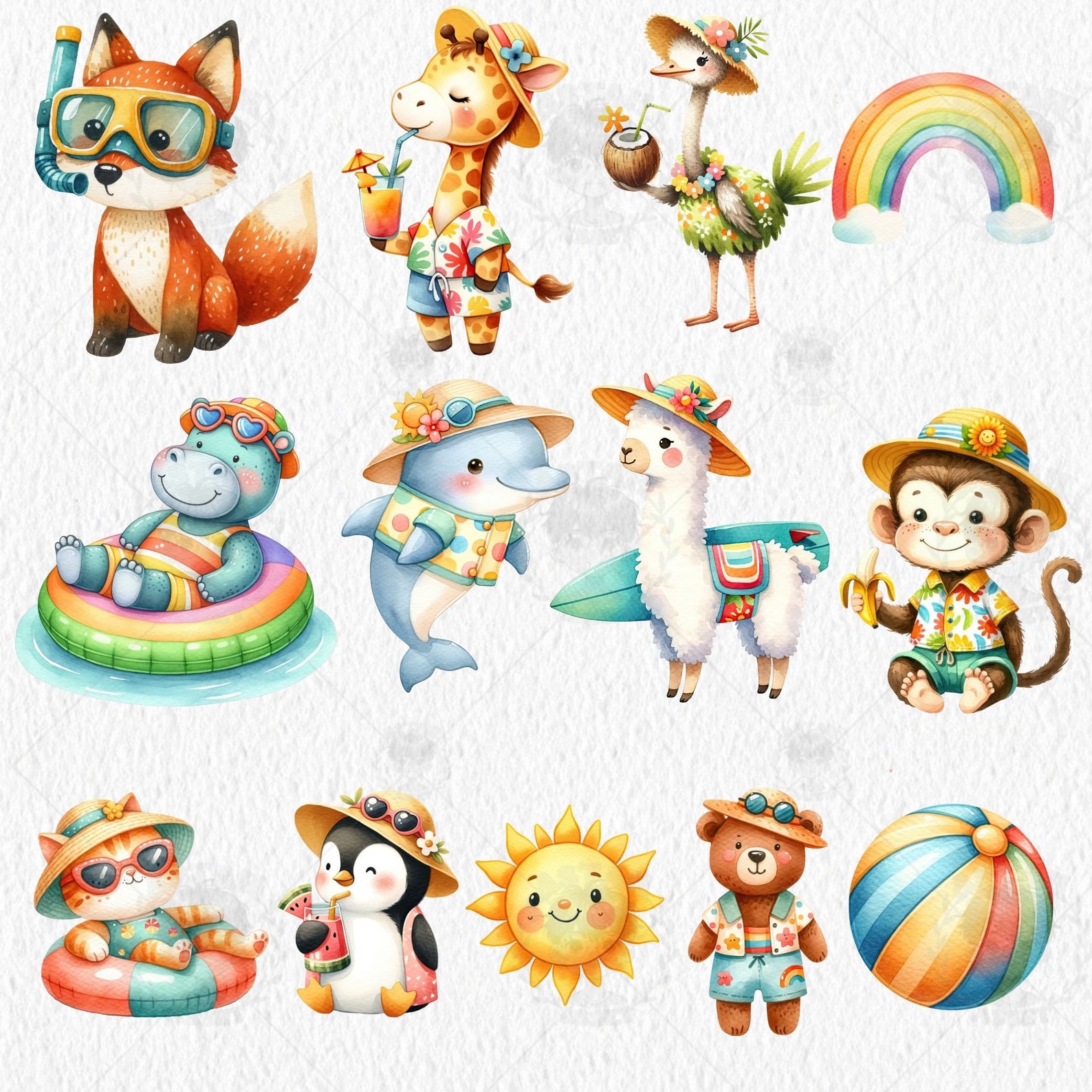 Summer Animals Clipart, Summer Watercolor Clipart, Hello Summer PNG ...