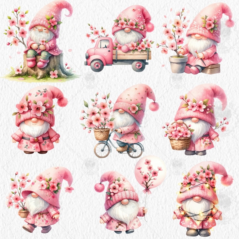 Watercolor Gnome Cherry Blossom Clipart: Spring Sakura PNG (digital ...