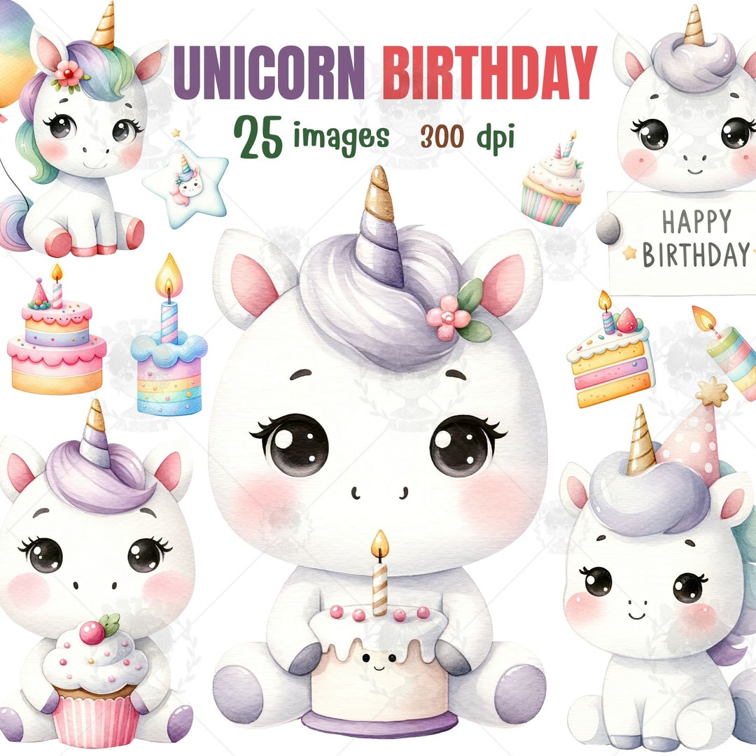 Unicorn Birthday Watercolor Clipart, Unicorn Baby Shower Clipart ...