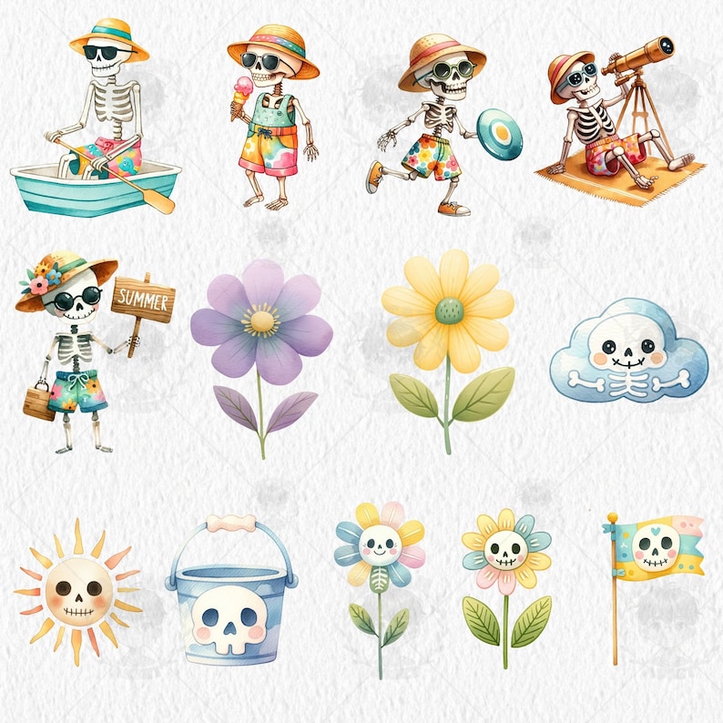 Skeleton Summer Watercolor Clipart: Beach Fun (PDF) - Etsy