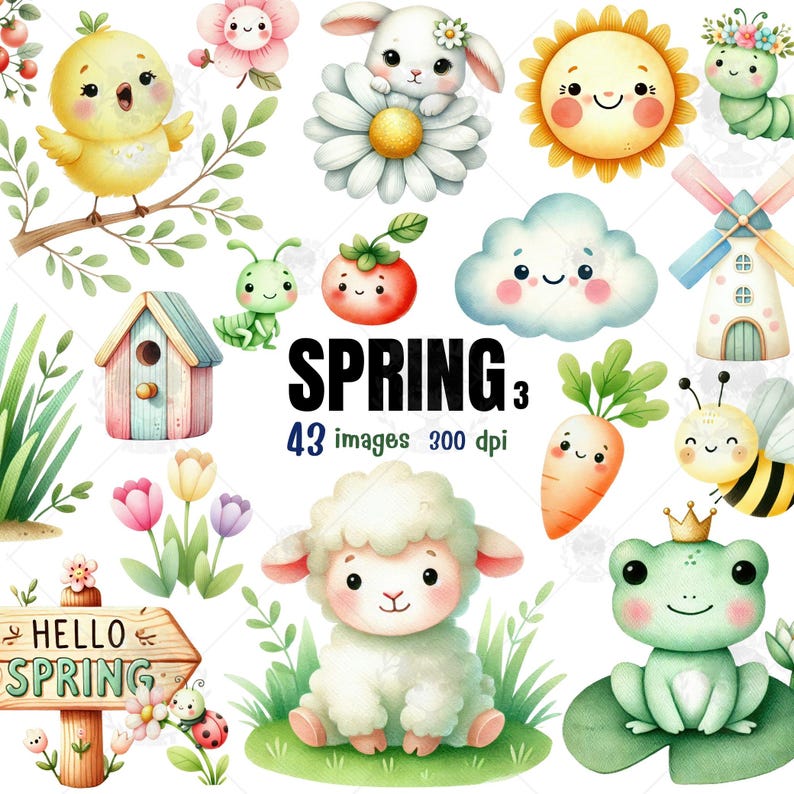 Happy Spring Watercolor Clipart, Cute Spring Clipart , Spring Garden ...