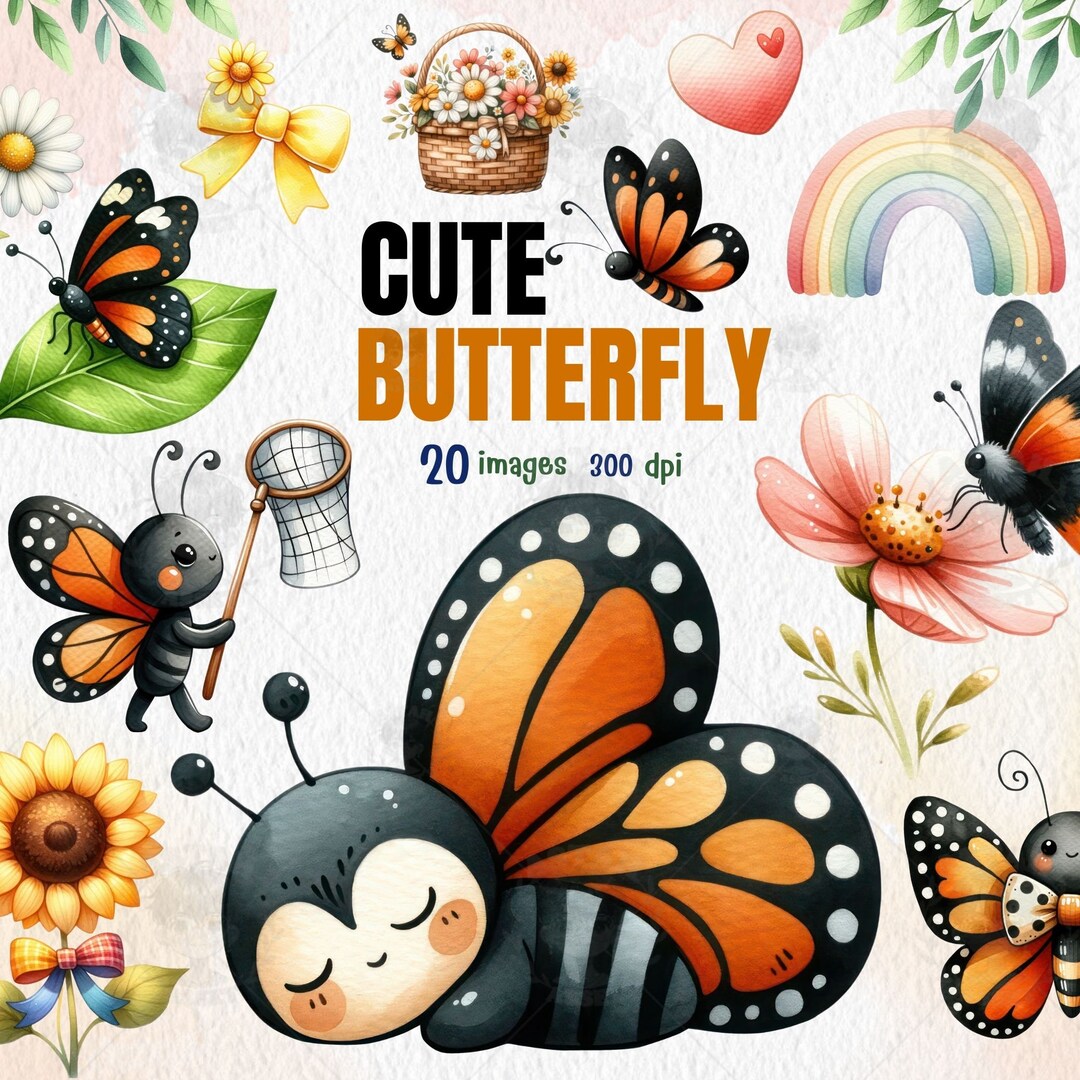 Adorable Butterfly Watercolor Clipart, Scrapbooking Digital Art, Cute ...