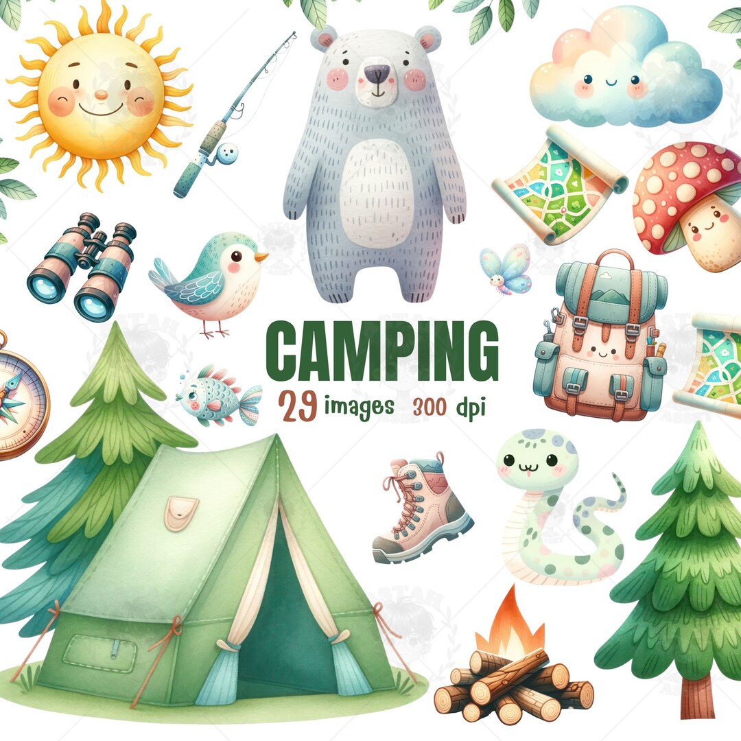 Cute Camping Water Color Clipart ,camping Forest ,hiking ,activity for ...