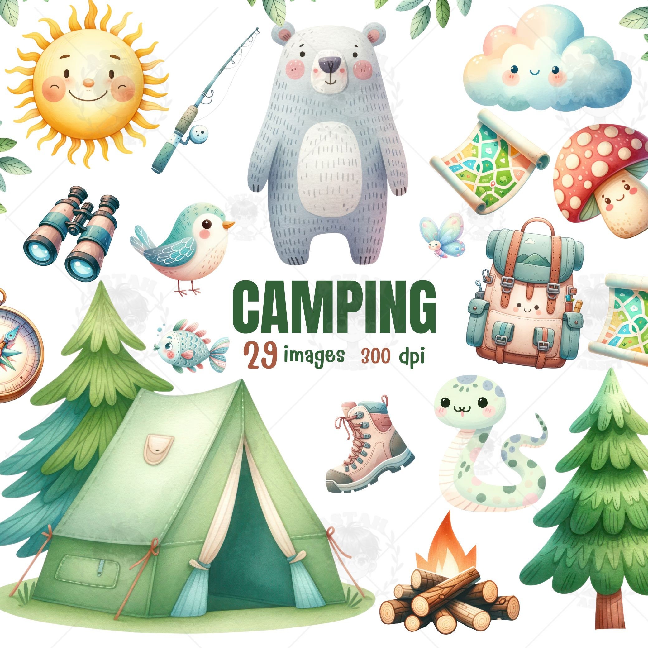 Cute Camping Water Color Clipart ,camping Forest ,hiking ,activity for ...