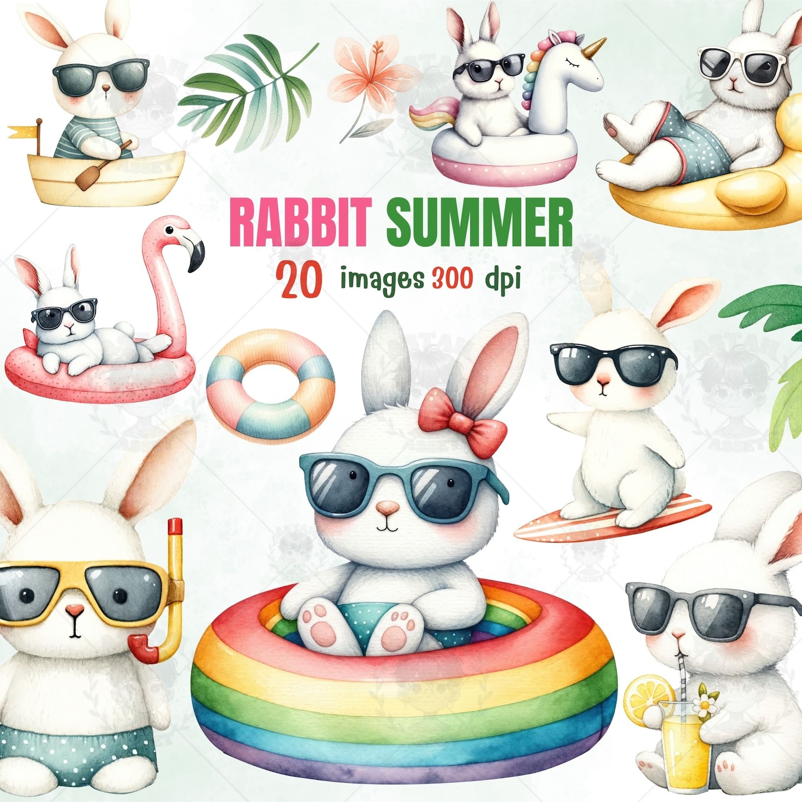 Summer Bunnies, Rabbit Summer, Watercolor Clipart, Animals Summer ...