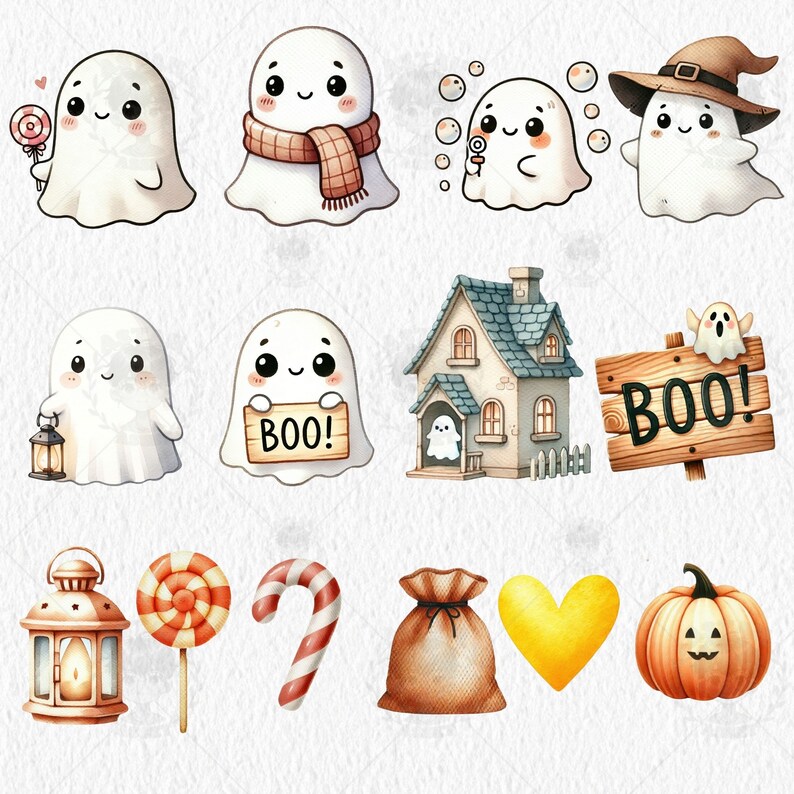 Cute Ghost Clipart, Halloween Clipart, Ghost Watercolor, Spooky Clipart ...