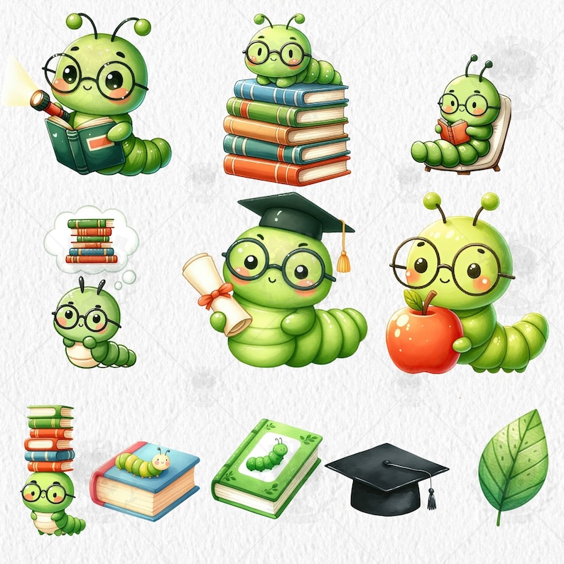 Bookworm Watercolor Clipart, Wormy Png, Cute Caterpillar Clipart ...