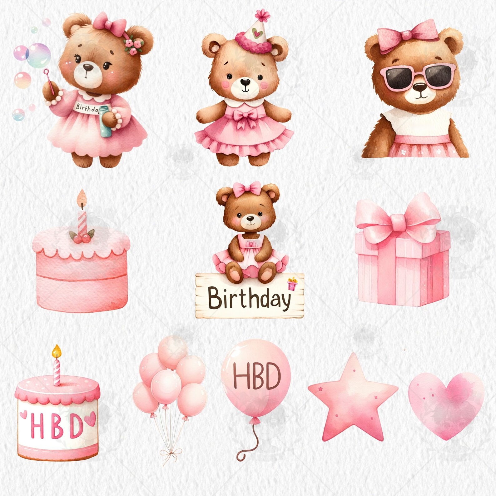 Pink Bear Birthday Watercolor Clipart: Girl Birthday Party (digital ...