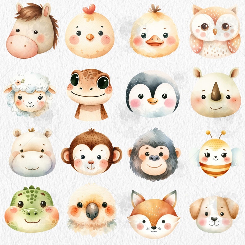 Animals Face Clipart, Watercolor Clipart, Woodland Clipart, Animal Baby ...