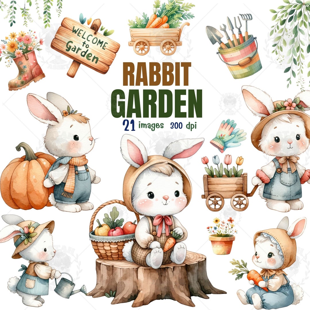Rabbit Garden ,cute Rabbit Watercolor Clipart, Bunny Carrot, Garden ...