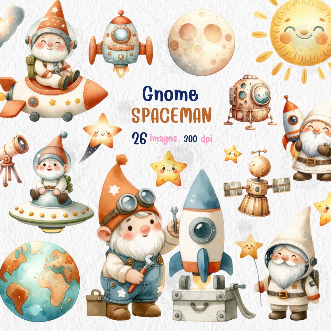 Cute Gnome Spaceman ,watercolor Clipart , Cosmic Png, Rocket Gnome ...
