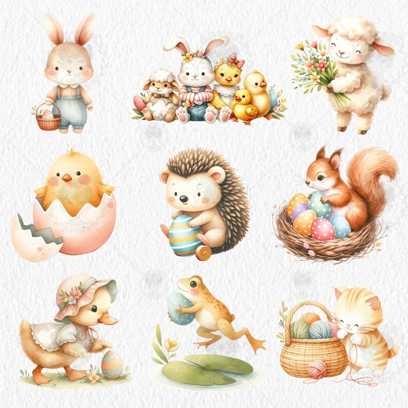Cute Animals Easter Watercolor Clipart , Easter Eggs, Cute Rabbit ...