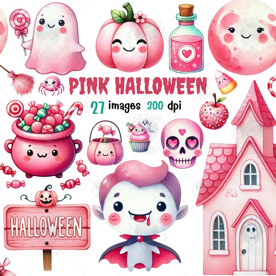 Pink Halloween Watercolor Clipart,halloween Clip Art,kids Halloween Diy ...