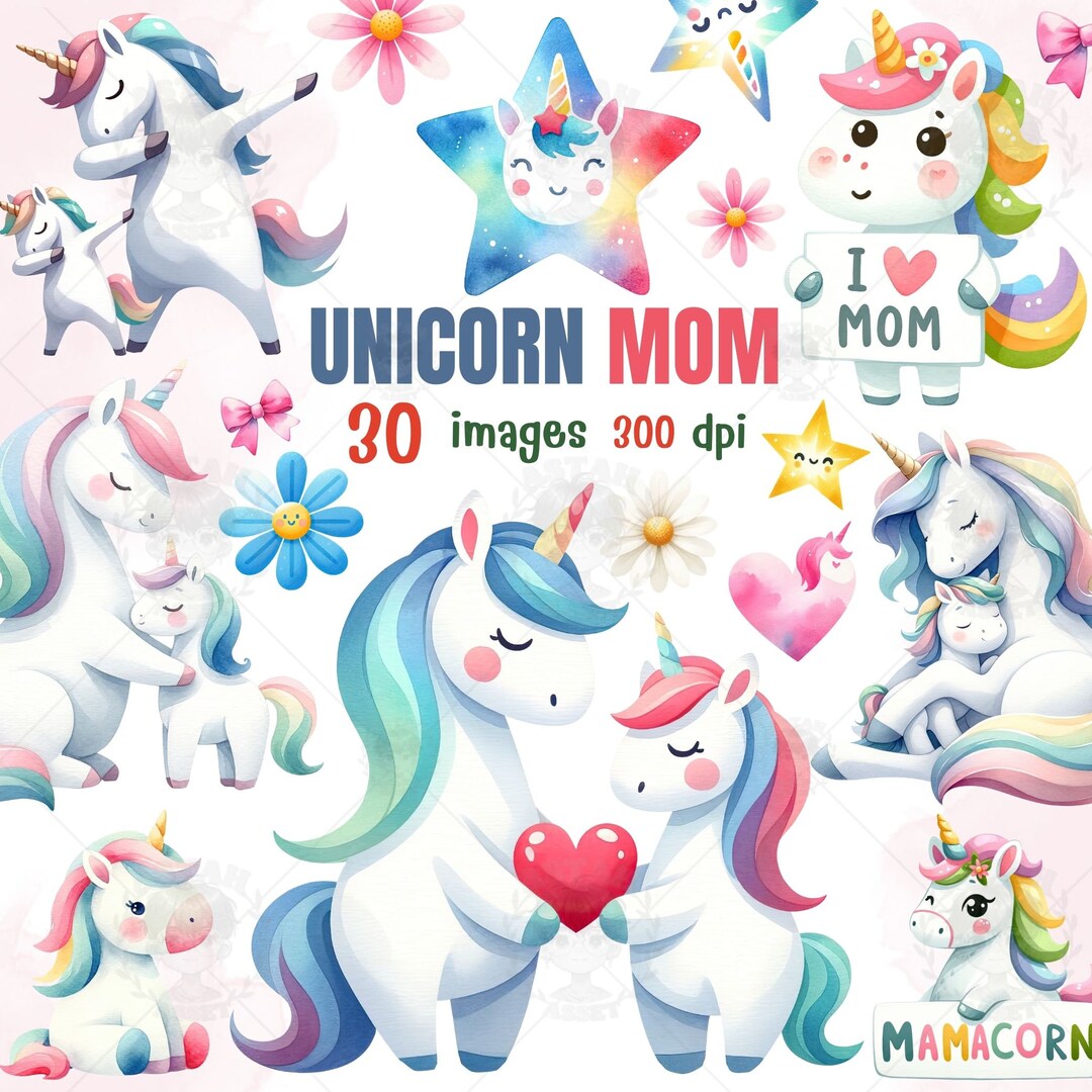 Unicorn Mom, Baby Unicorn Clipart, Watercolor Unicorn, Mothers Day PNG ...
