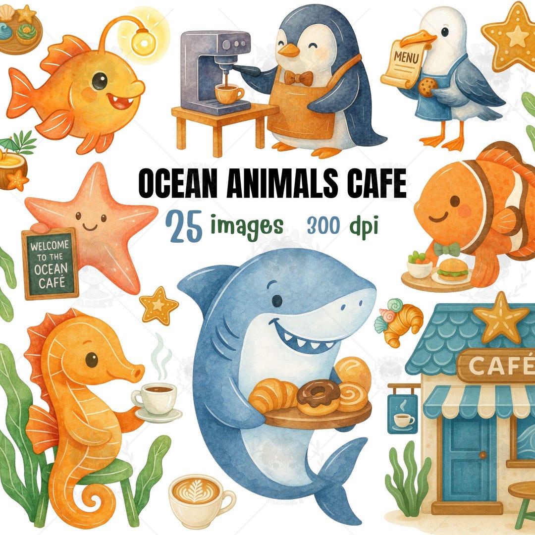 Watercolor Sea Animals Cafe Clipart: 25 PNG Designs (digital Download ...