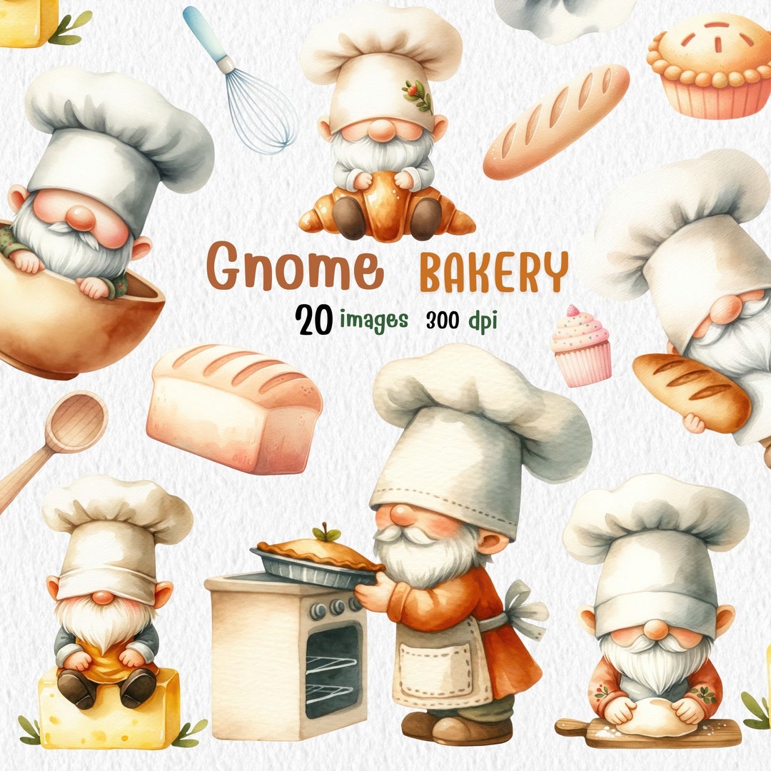 Gnome Bakery Watercolor Clipart, Gnome Pastry Chef Clipart, Sweet Gnome ...