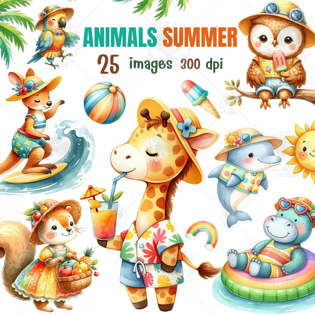 Summer Animals Clipart, Summer Watercolor Clipart, Hello Summer PNG ...