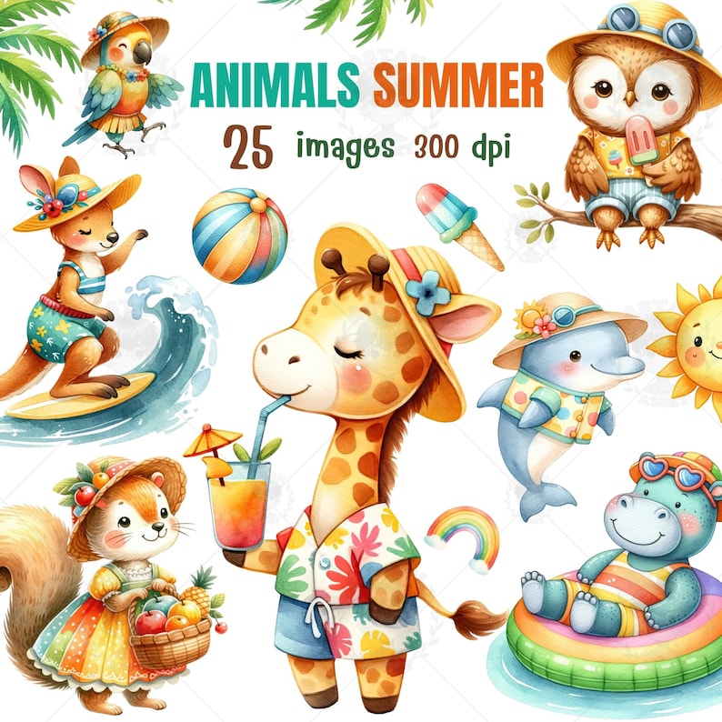 Summer Animals Clipart, Summer Watercolor Clipart, Hello Summer PNG ...