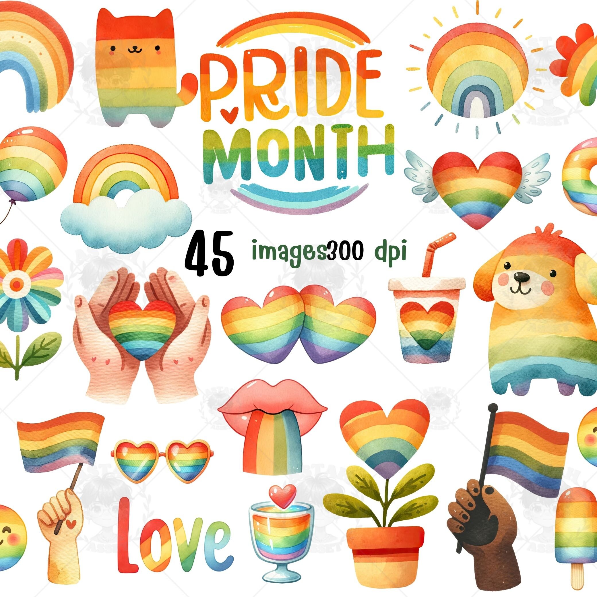 Pride Month Watercolor Clipart, Rainbow Clipart, Couple Clipart, Love ...