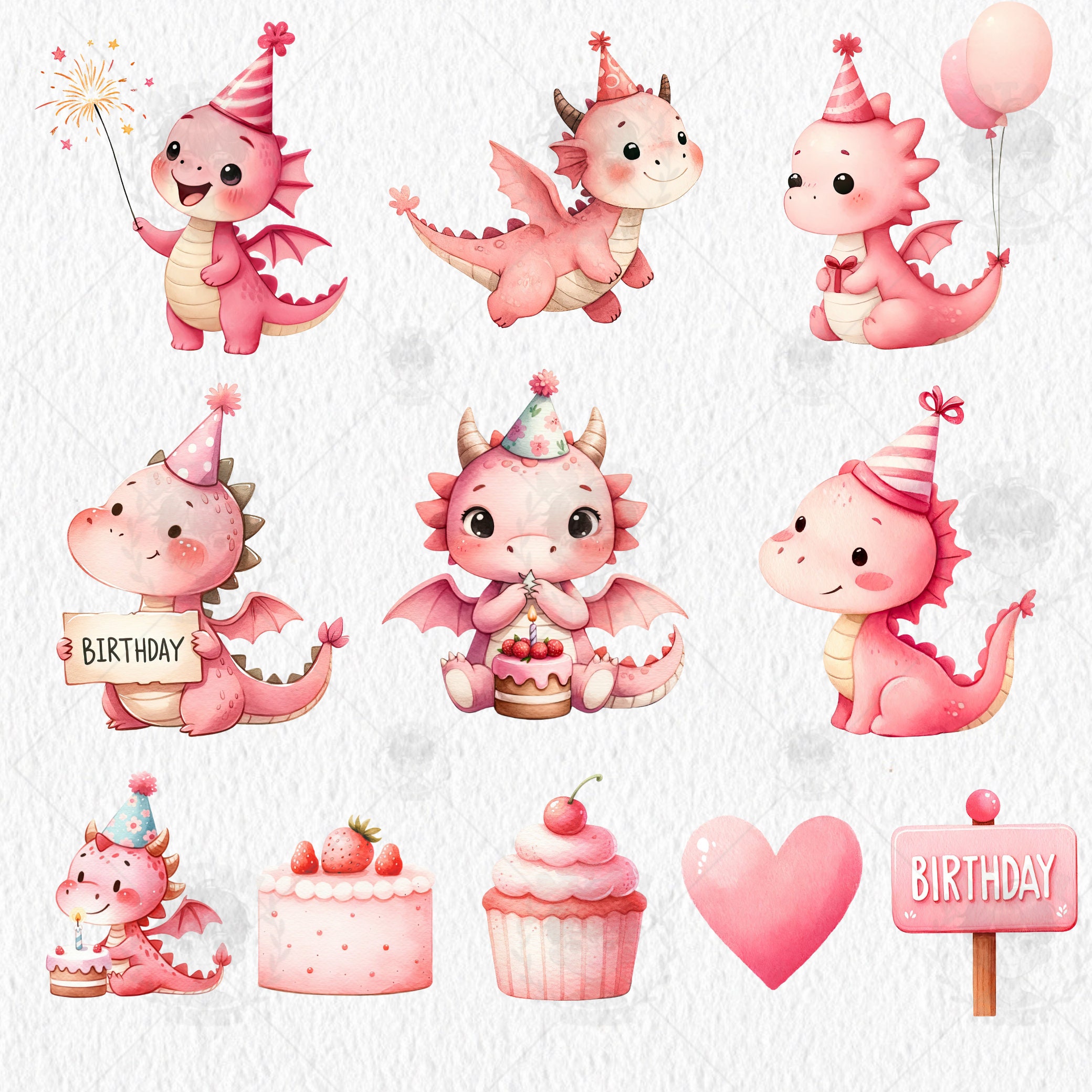 Pink Dragon Birthday Watercolor Clipart: Party Invitation Graphics ...