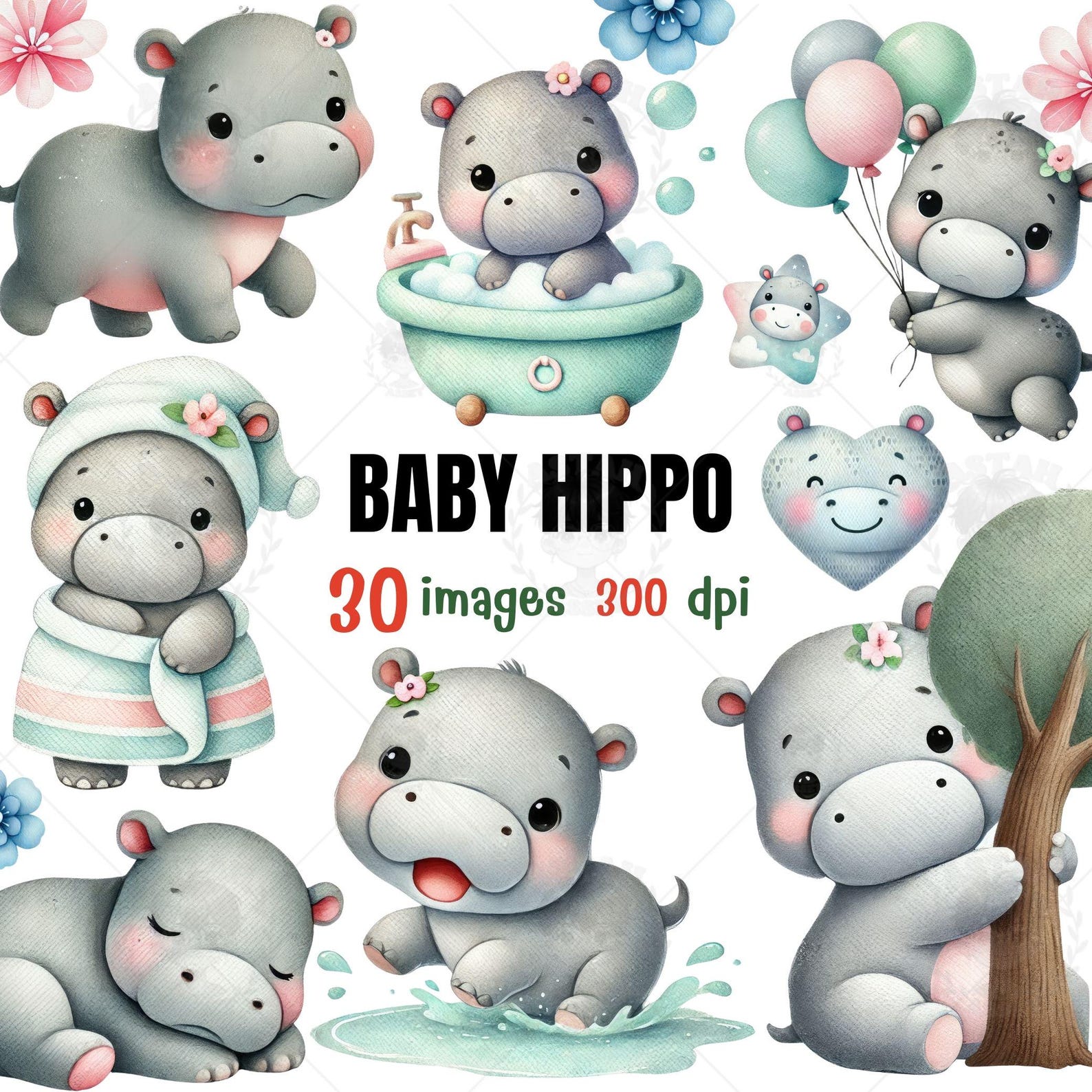 Cute Baby Hippo Watercolor Clipart, Baby Shower Clipart, Baby Animals ...