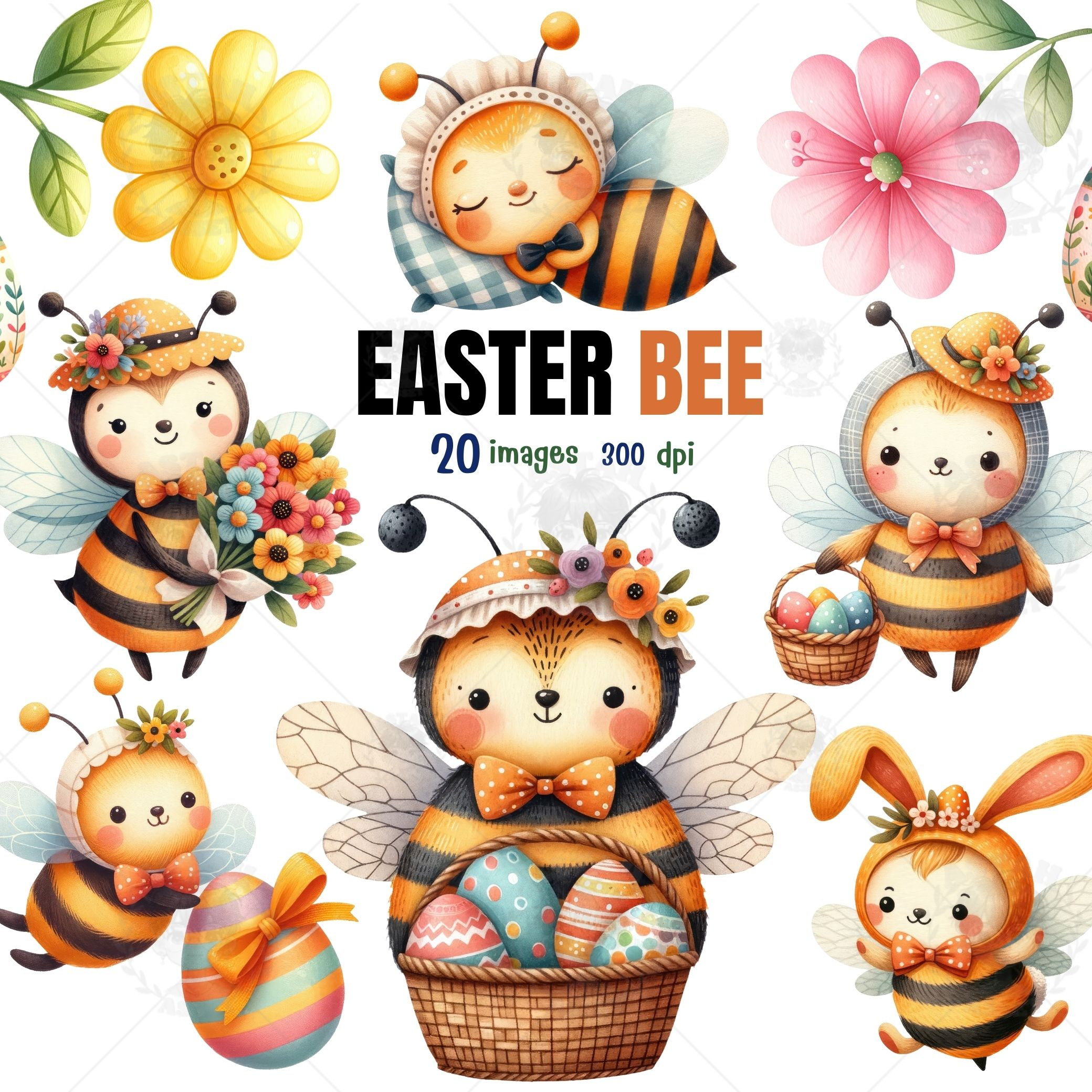 Easter Bee Watercolor Clipart, Cute Bee Clipart, Bumble Bee PNG, Happy ...