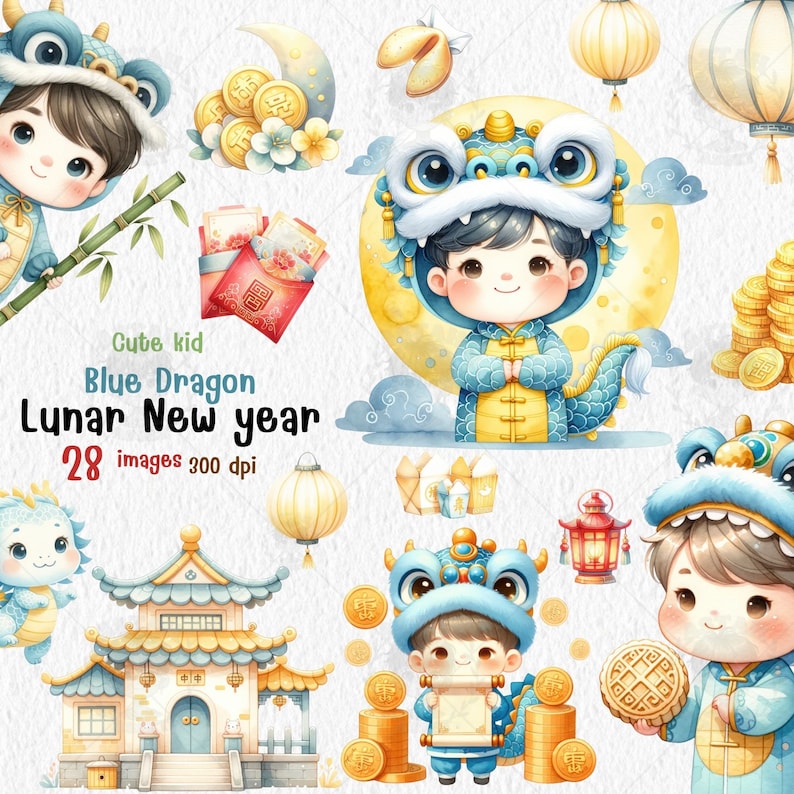 Cute Kid Blue Dragon Water Color Chinese New Year Clipart ,2024 ...