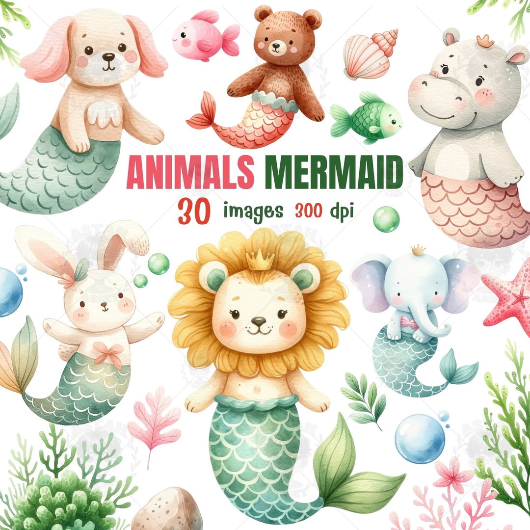 Animals Mermaid Watercolor Clipart, Ocean Clipart, Under the Sea ...