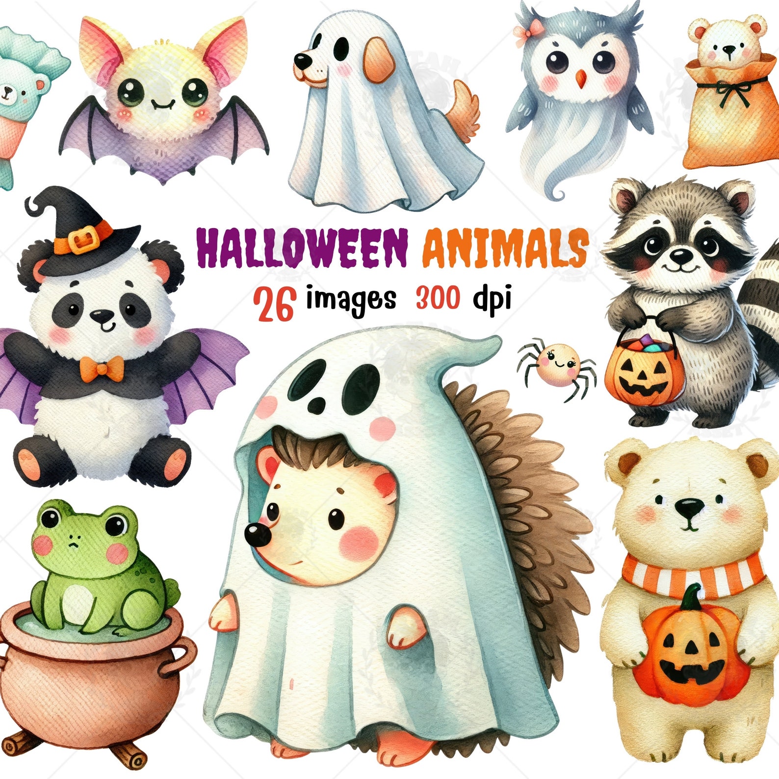 Halloween Animals Watercolor Clipart, Halloween PNG, Cute Animals, Kids ...
