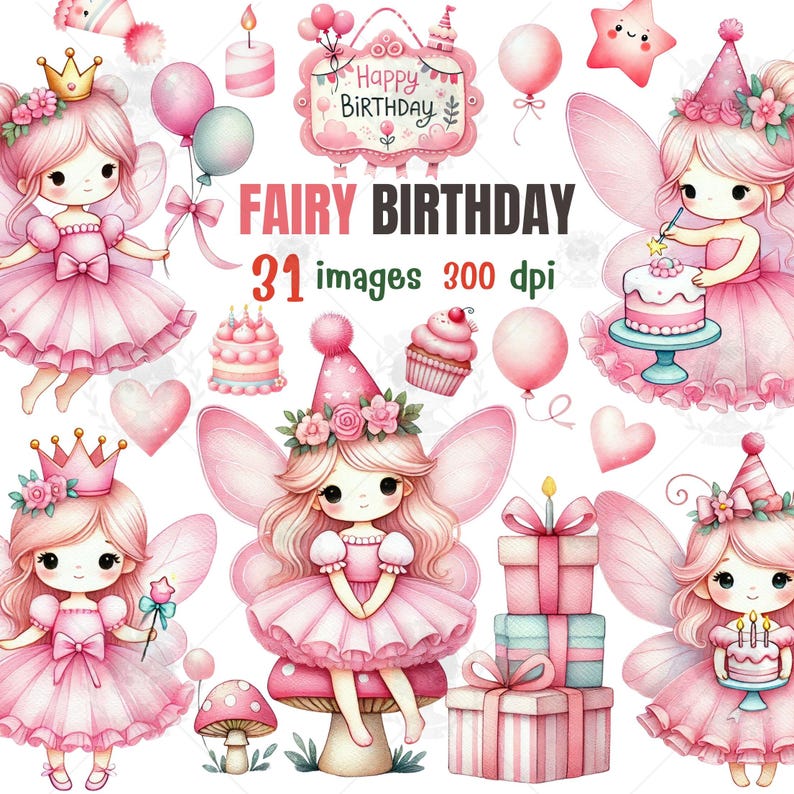 Pink Fairy Birthday Watercolor Clipart, Cute Fairy Clipart, Fairy First ...