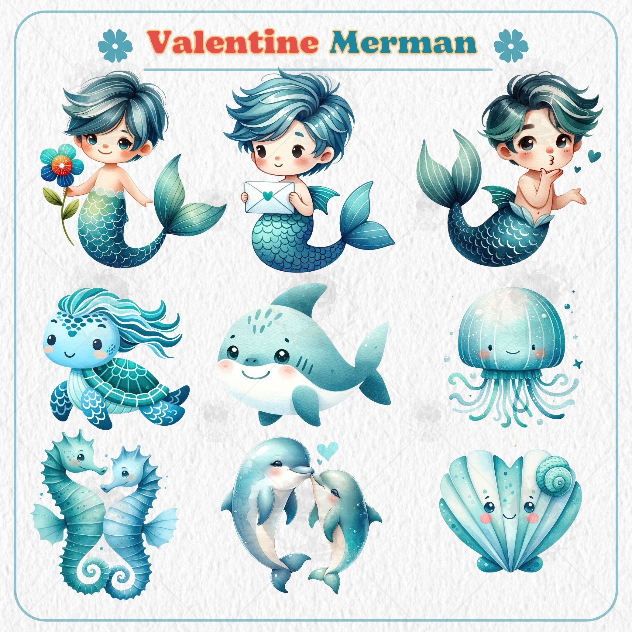Watercolor Valentine Blue Merman Clipart,love,sea Valentine ,gift ...