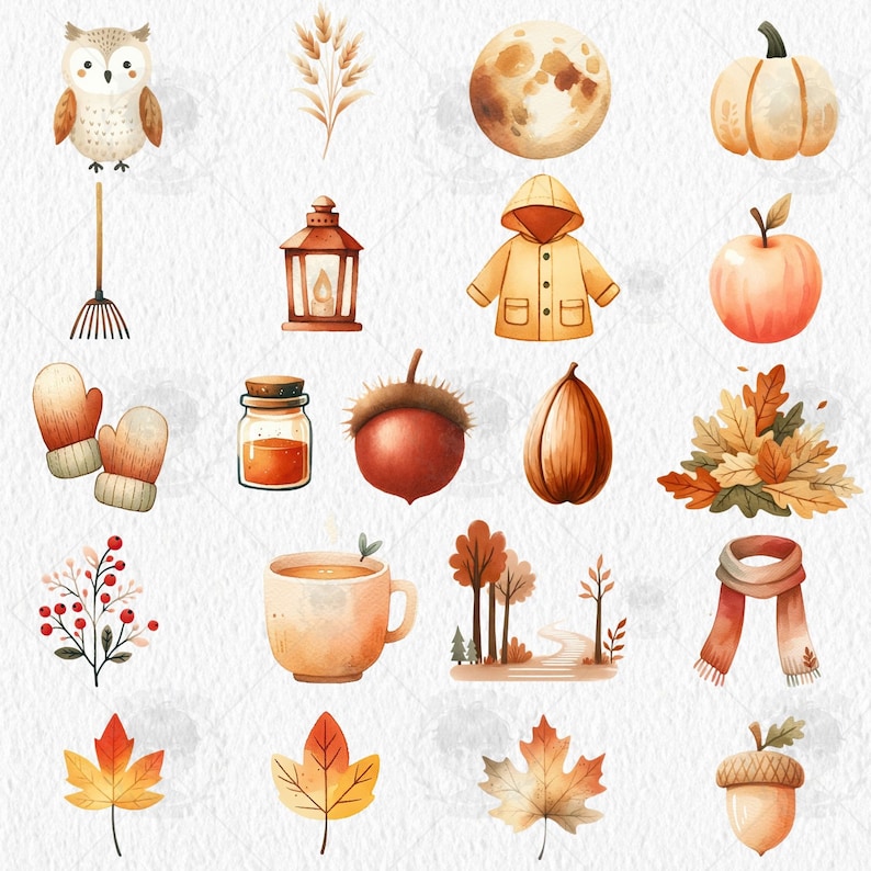 Autumn Watercolor Clipart: Fall Leaves, Pumpkins (PDF Download) - Etsy