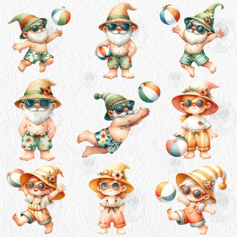 Cute Gnome Beach Ball ,watercolor Clipart ,sea , Gnomes Beach ...