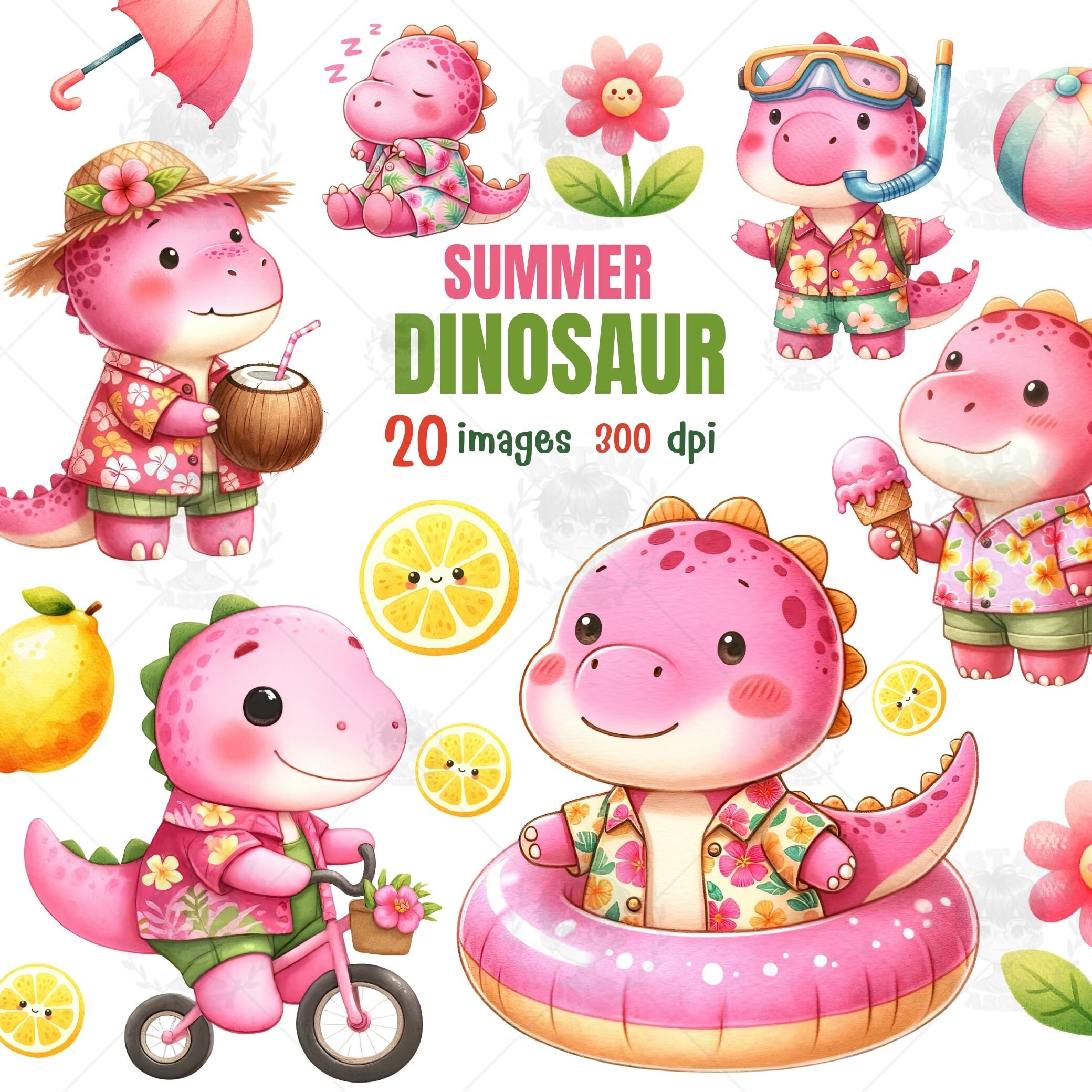 Summer Dinosaur Watercolor Clipart, Cute Summer Clipart, Summer Kids ...