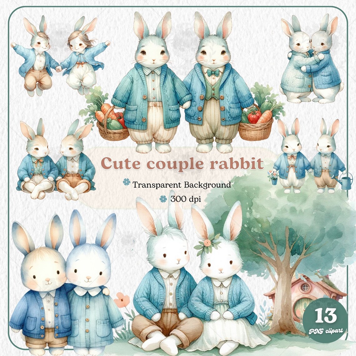 Watercolor Rabbit Couple Clipart: Valentine's Day PNG Set (digital ...